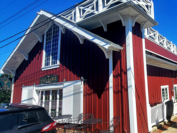 Quaint red building with white trim? Chez Francois looks like a Norman Rockwell painting with a French twist.