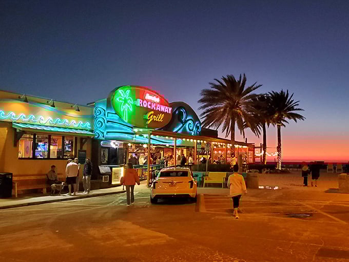 Sunset central: Frenchy's invites you to paint the town red, orange, and purple as day melts into night.