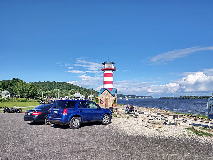 Grafton's lighthouse stands tall, a beacon of charm in a sea of Midwestern hospitality. No shipwrecks here, just good times!