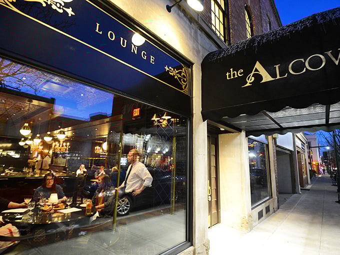 "The Alcove after dark: Where the steaks are hot and the atmosphere's cool. It's the jazz club of steakhouses!"