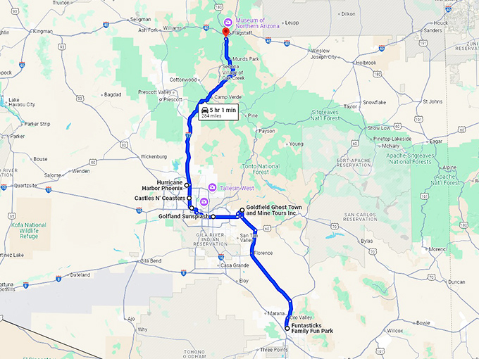 arizona amusement parks trip map