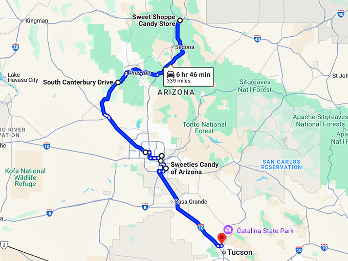 arizona candy stores trip map