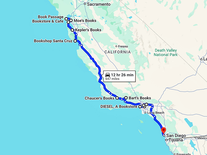 bookworm road trip california map