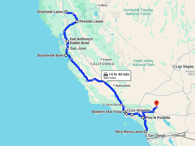 bowling alleys trip california map