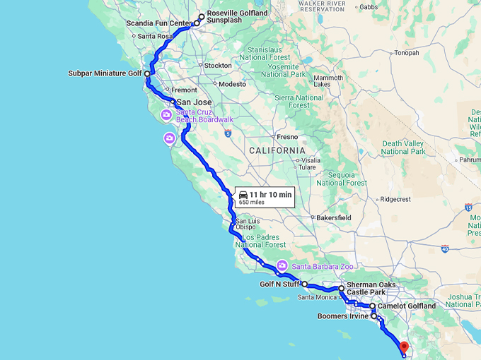 california whimsical golf trip map