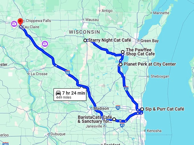 cat lovers trip wisconsin map
