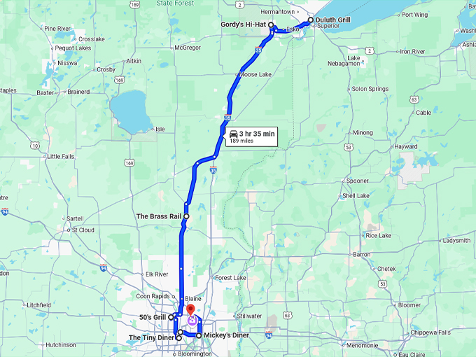 charming diners minnesota map