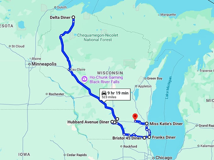charming diners trip wisconsin map
