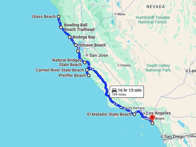coastal california road trip map