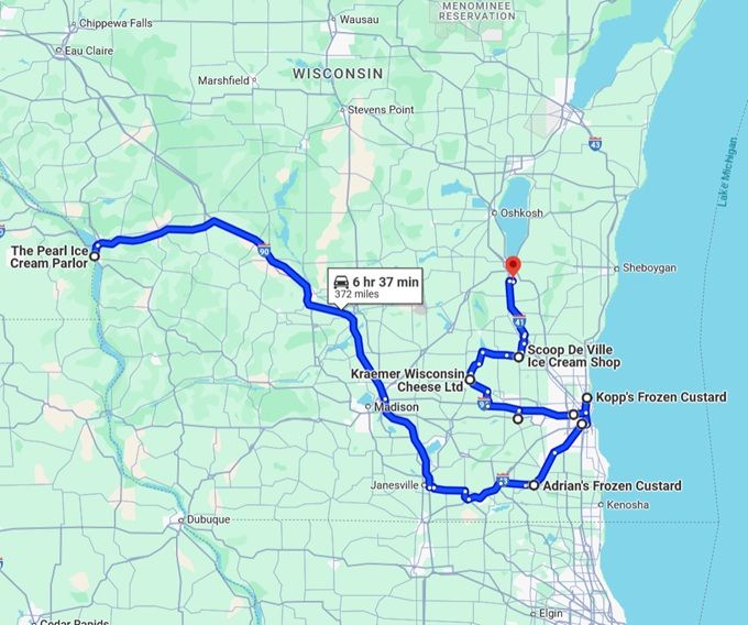 custard shops wisconsin trip map