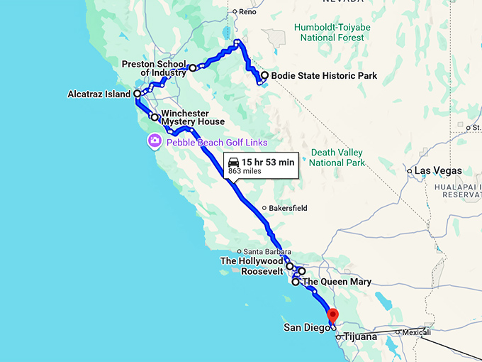 eerie spots trip california map