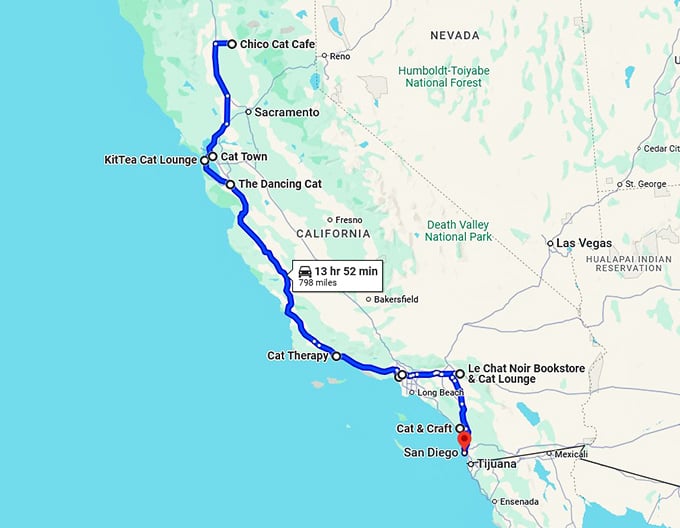 feline friendly trip california map