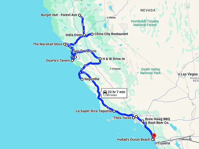 foodie road trip california map