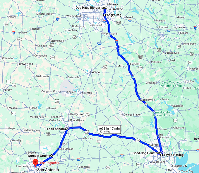 hot dog texas trip map