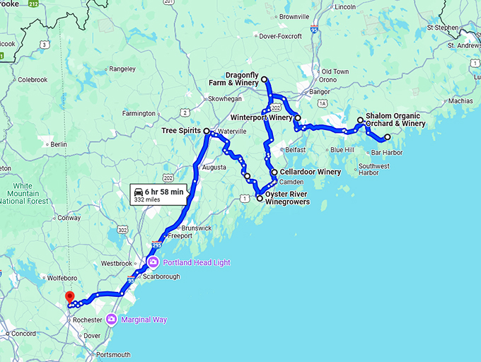 maine scenic wineries trip map