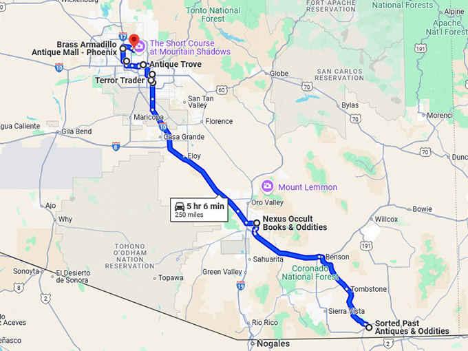 oddity shops arizona trip map