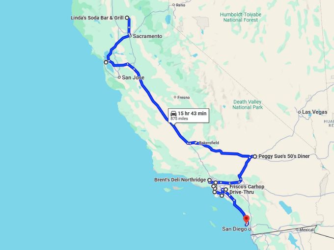 retro diners trip california map