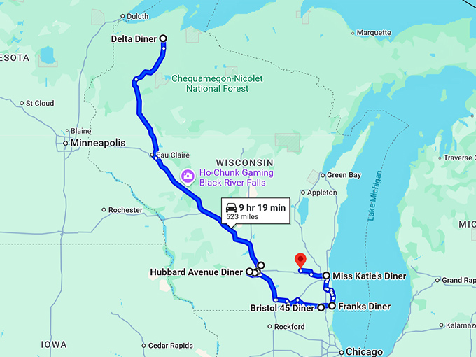retro diners trip wisconsin map