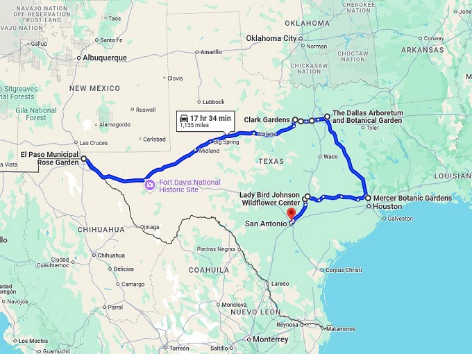 road trip gardens texas map
