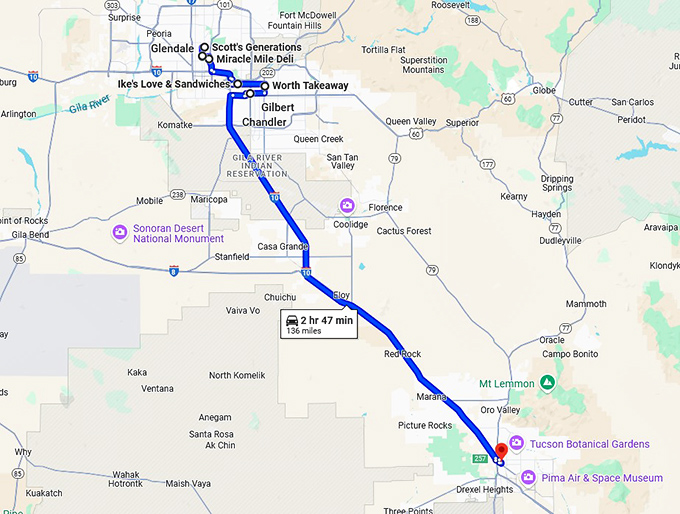 sandwich shops arizona trip map