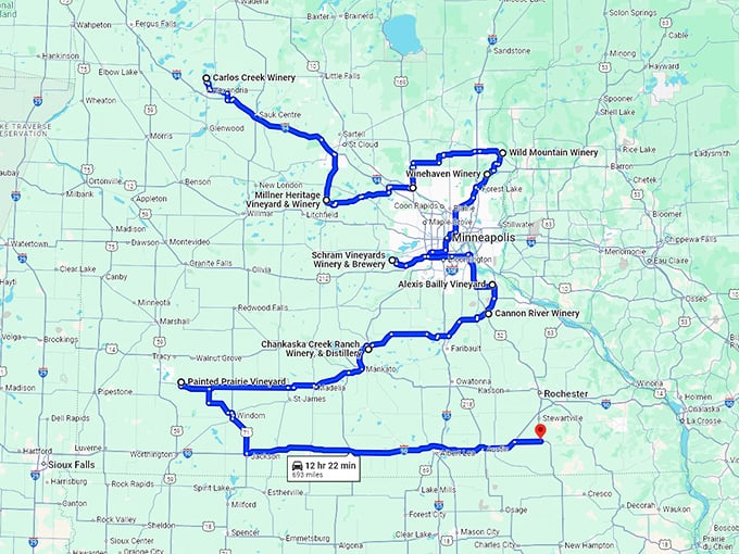 scenic wineries trip minnesota map