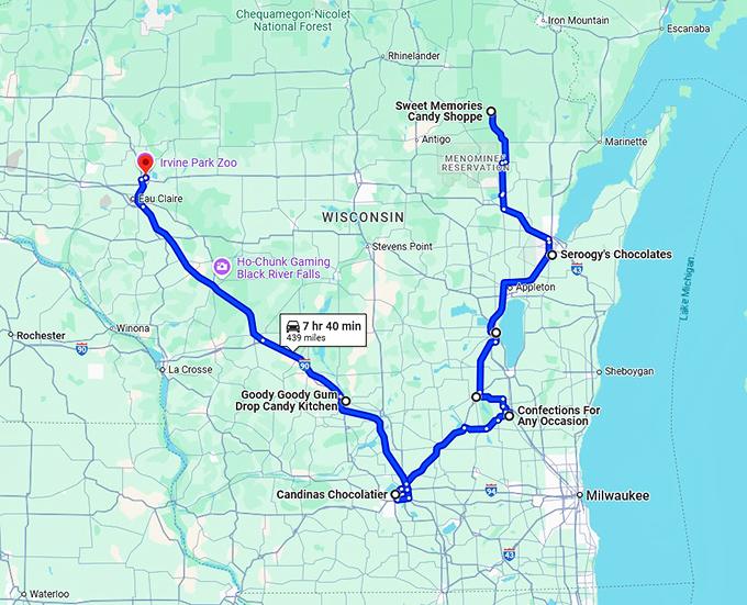 sugary road trip wisconsin map
