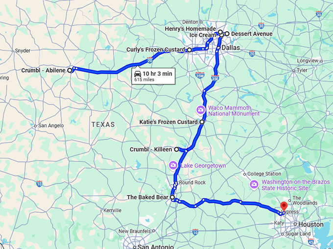 sweets road trip texas map