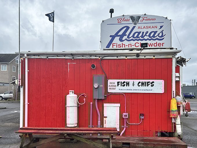 A fire-engine red beacon of seafood salvation! Alava's Fish-n-Chowder stands out like a lighthouse for hungry souls, promising oceanic delights in the heart of Ketchikan.