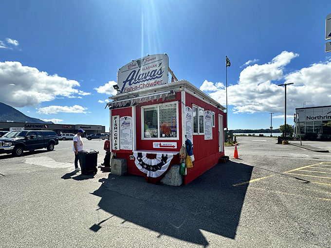 A fire-engine red beacon of seafood salvation! Alava's Fish-n-Chowder stands out like a lighthouse for hungry souls, promising oceanic delights in the heart of Ketchikan.