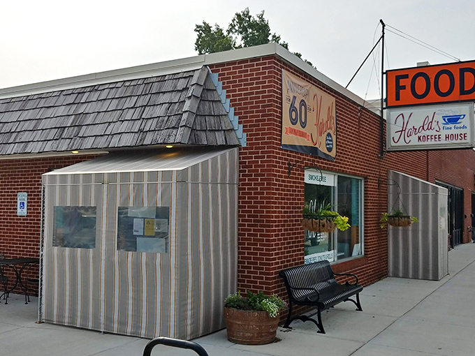 A beacon of breakfast bliss! Harold's Koffee House stands proud, its "FOOD" sign a siren call to hungry souls seeking comfort and caffeine.