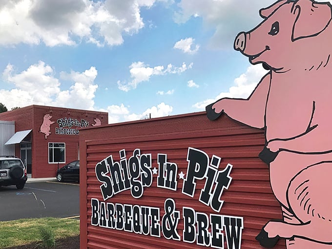 
Those dancing cartoon pigs aren't just cute &ndash; they're sentinels guarding a temple of smoke where barbecue dreams come true. 