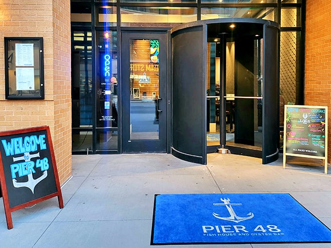 Step into seafood paradise! Pier 48's inviting entrance is like a portal to coastal bliss in the heart of Indianapolis.