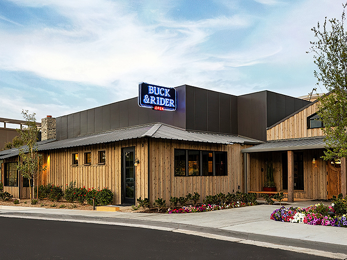 A coastal oasis in the desert! Buck & Rider's rustic-chic exterior beckons seafood lovers with the promise of oceanic delights and cozy charm.