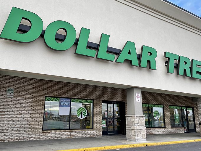 Welcome to the emerald city of savings! This Dollar Tree's facade promises a wonderland of bargains behind those sliding doors.