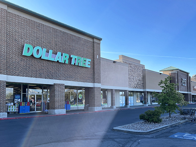 The glowing green sign of Sandy's Dollar Tree beckons like a neon promise of budget-friendly treasures waiting to be discovered inside.