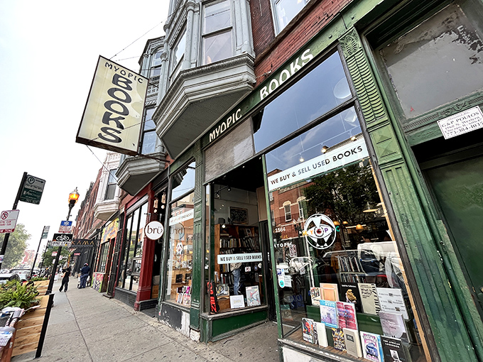 A literary oasis in the urban jungle! Myopic Books' emerald storefront beckons bibliophiles like a siren call to seafaring sailors.
