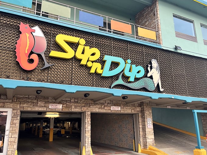 Welcome to the Sip 'n Dip, where mermaids and seahorses invite you to dive into a world of whimsical wonder. It's like Ariel's grotto met a 1960s tiki bar!