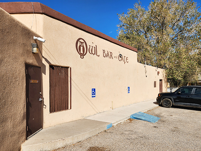 A desert mirage? Nope, just the coolest owl you'll ever see! The Owl Bar & Cafe's exterior mural is like a beacon for burger lovers.