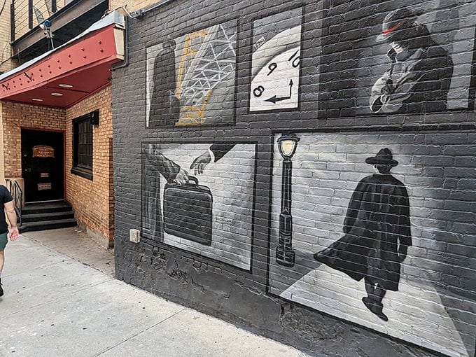 Spy games begin before you even step inside! This mural sets the scene for your covert culinary mission.