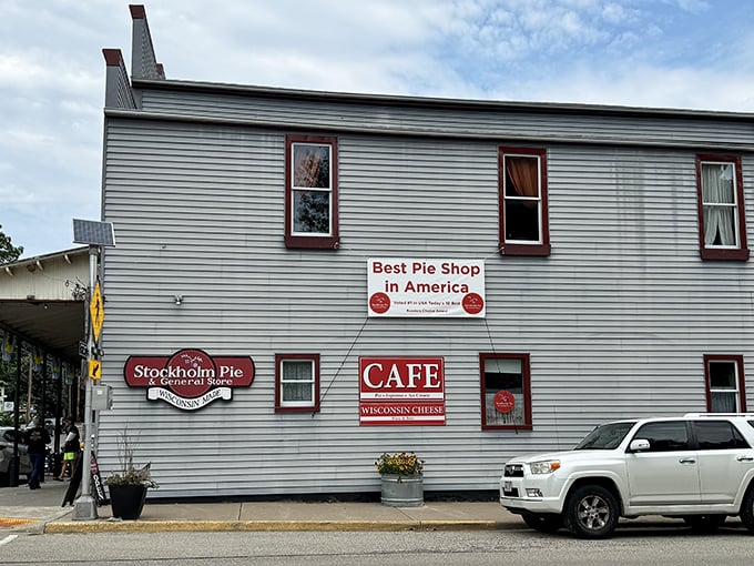 "Best Pie Shop in America" - a bold claim that'll make your taste buds stand at attention. This charming facade is like a siren song for pie lovers everywhere.