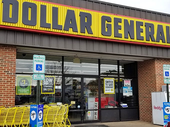 Welcome to the land of endless possibilities! This Dollar General's bright yellow sign is like a beacon of hope for bargain hunters everywhere.