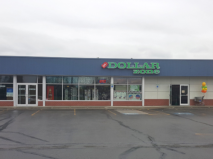 The iconic blue and green Dollar Zone sign beckons like a budget-friendly lighthouse in Anchorage's retail sea. Bargain hunters, your port awaits!