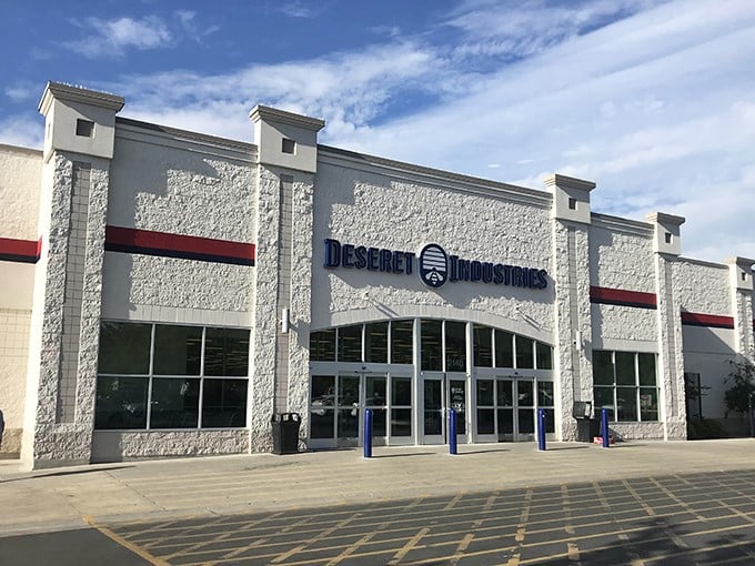 A thrifter's paradise awaits! This clean, inviting facade is like the pearly gates for bargain hunters. Who knew heaven had a red stripe?