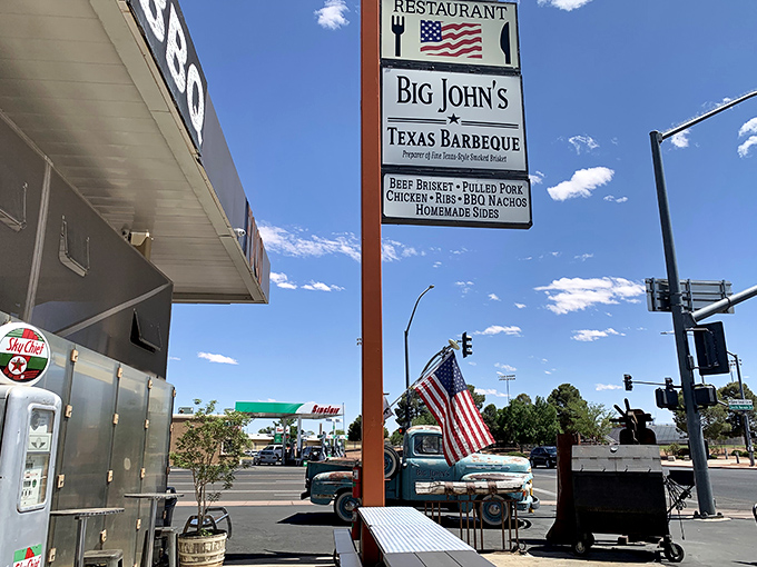 Welcome to BBQ paradise! Big John's exterior is like a siren song for meat lovers, with that star promising stellar flavors inside.