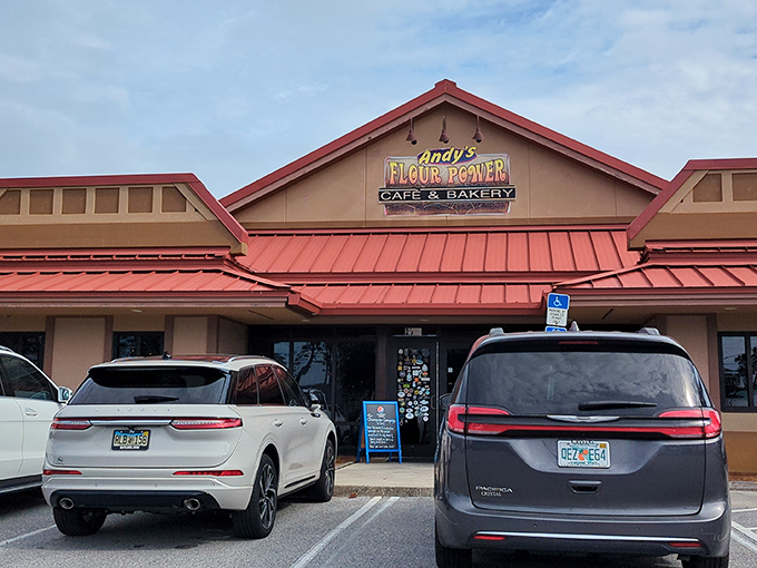 Welcome to breakfast paradise! Andy's Flour Power stands out like a beacon of hope for hungry souls, its red roof a promise of deliciousness to come.
