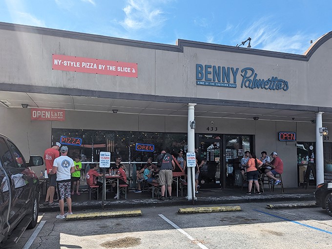 Welcome to pizza paradise! Benny Palmetto's exterior promises New York-style slices that'll transport you faster than a subway ride to Manhattan.