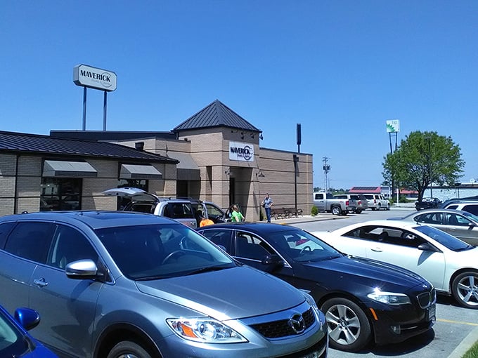 Welcome to Maverick Steaks & Spirits, where the exterior is as inviting as a warm hug from your favorite aunt. This brick facade promises meaty delights within!