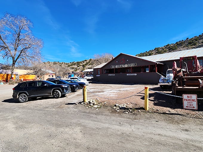 Welcome to flavor town! The Mine Shaft Tavern's rustic exterior promises a culinary adventure that'll make your taste buds do a happy dance.
