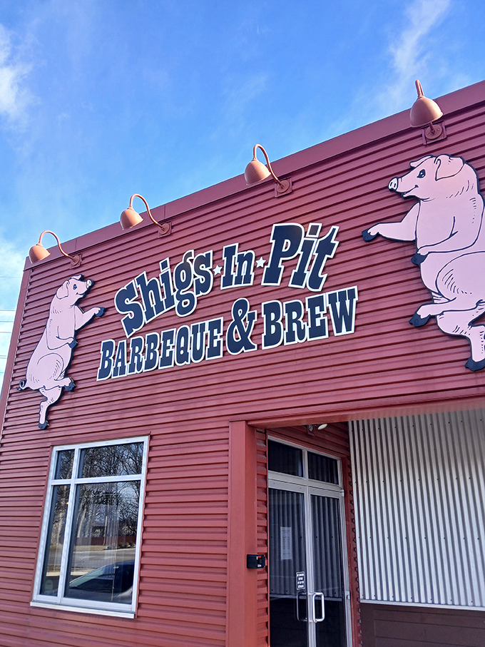 Those dancing cartoon pigs aren't just cute – they're sentinels guarding a temple of smoke where barbecue dreams come true.
