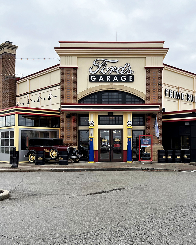 Ford's Garage glows like an automotive beacon in the night, promising both nostalgia and nourishment to hungry Hoosiers seeking refuge from ordinary dining.